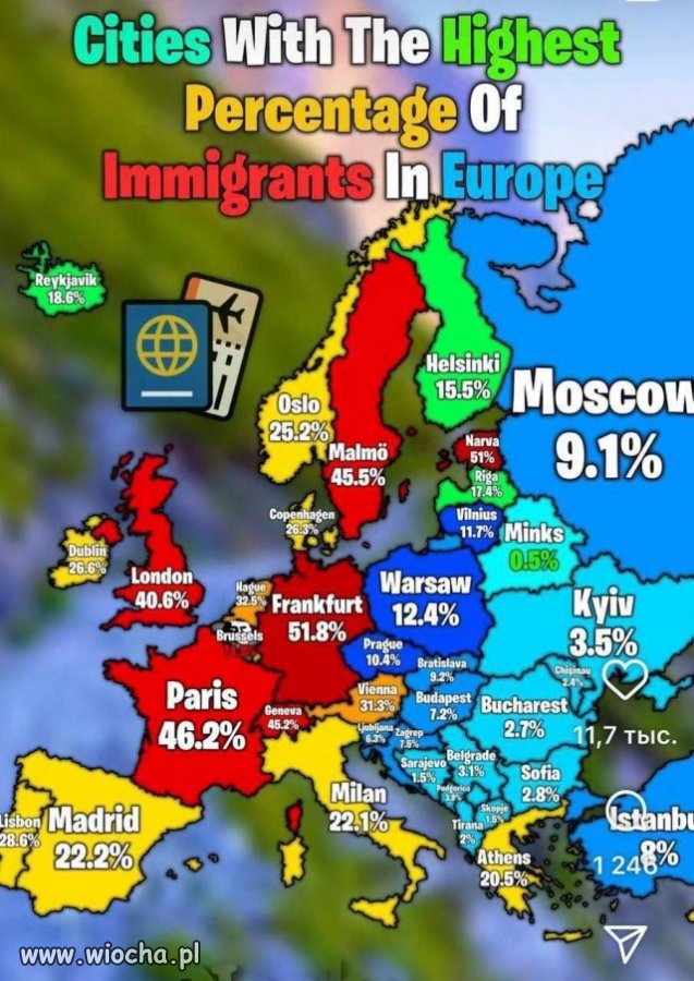 Procent imigrantów w miastach Europy. - wiocha.pl absurd 1847430